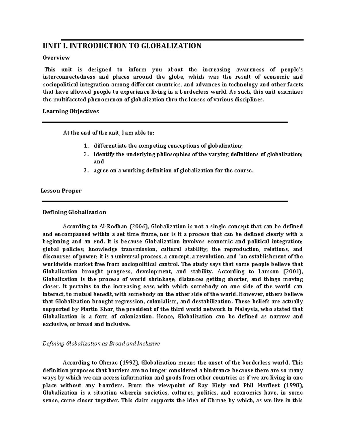 GEN ED 3 UNIT I - Notes - UNIT I. INTRODUCTION TO GLOBALIZATION ...