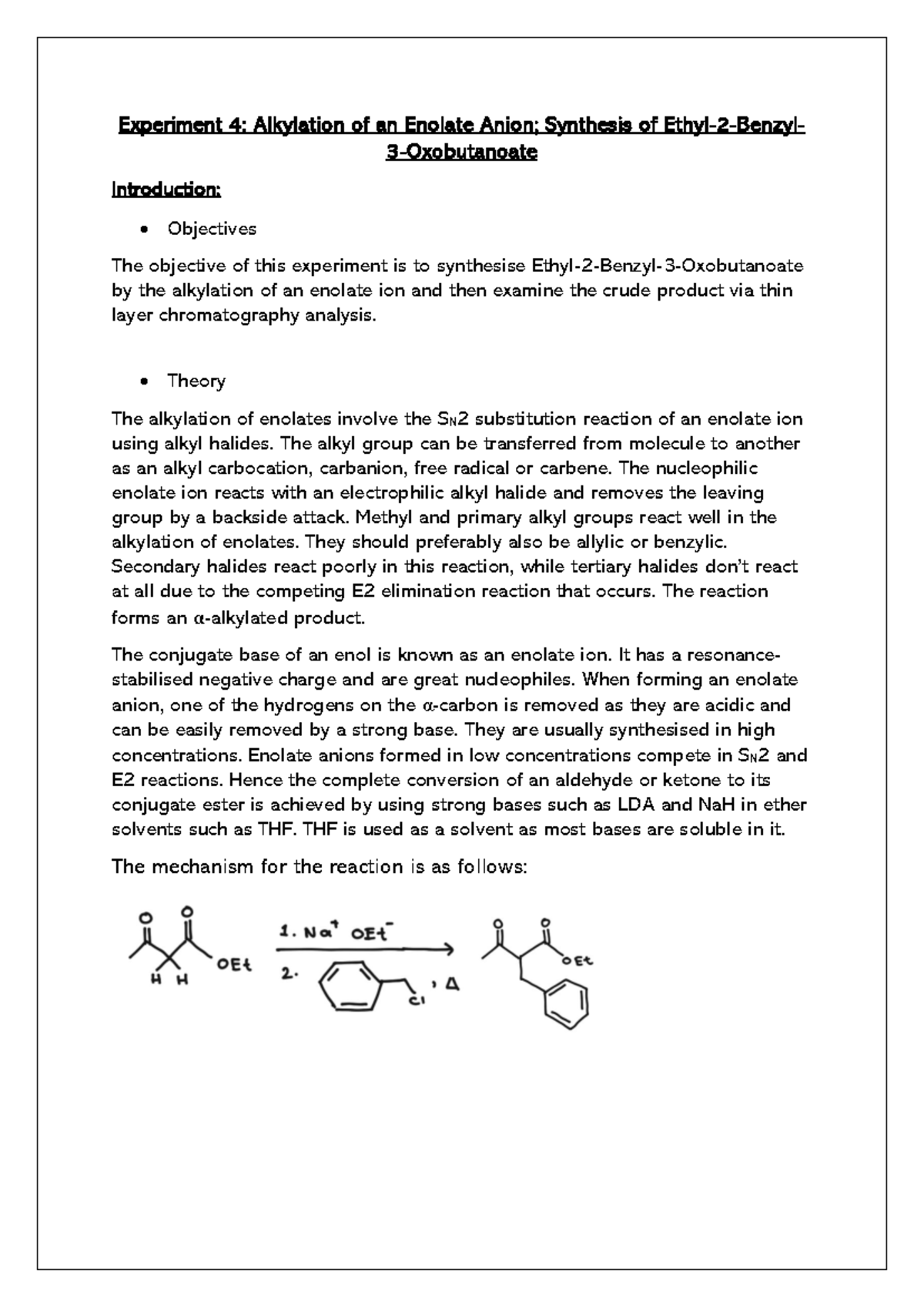 Experiment 4: Alkylation of Enolate Anion - Synthesis Notes (Chem 101 ...