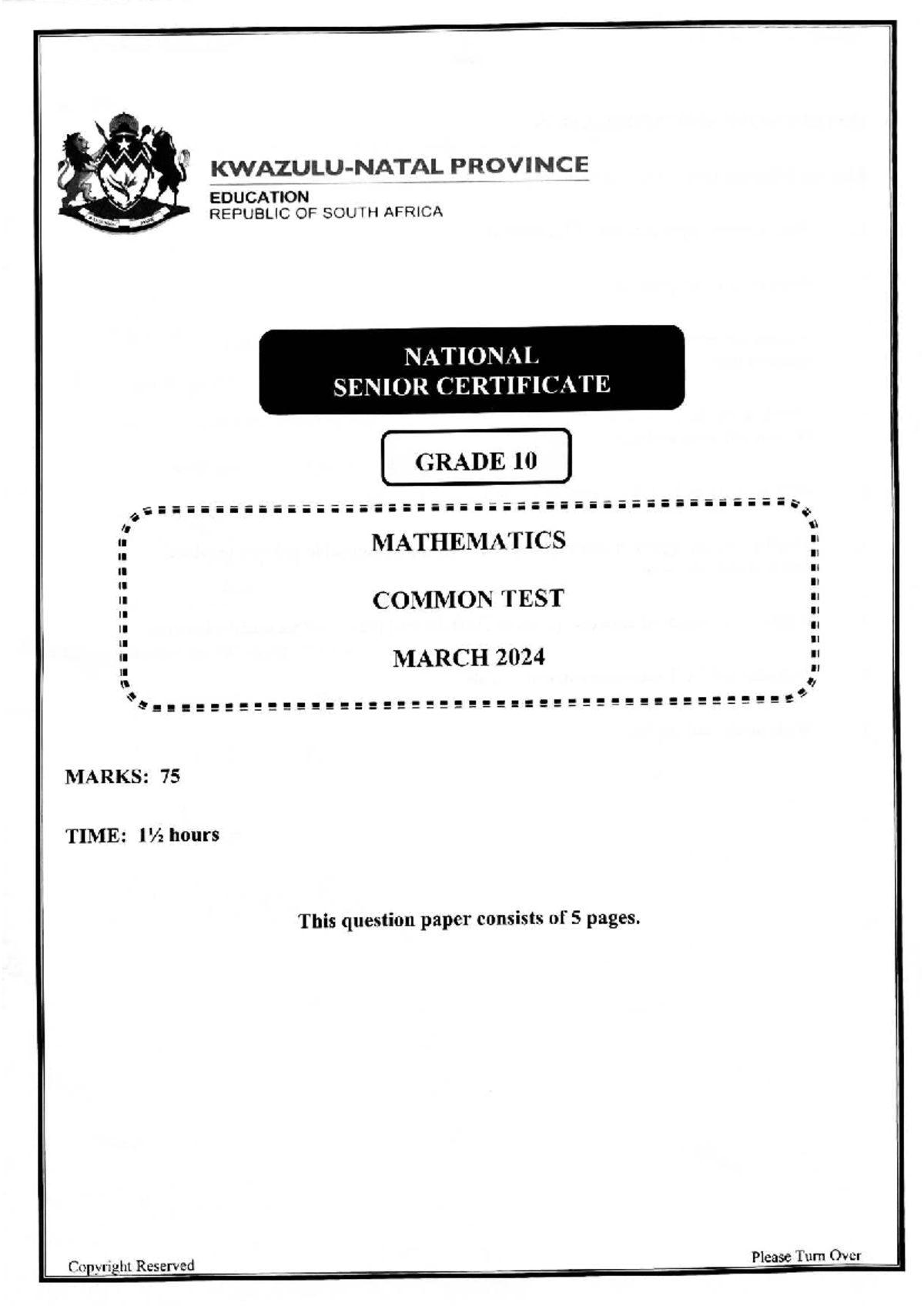 KZN Grade 10 Mathematics Common Test March 2024 - NSC Exam Paper - Studocu