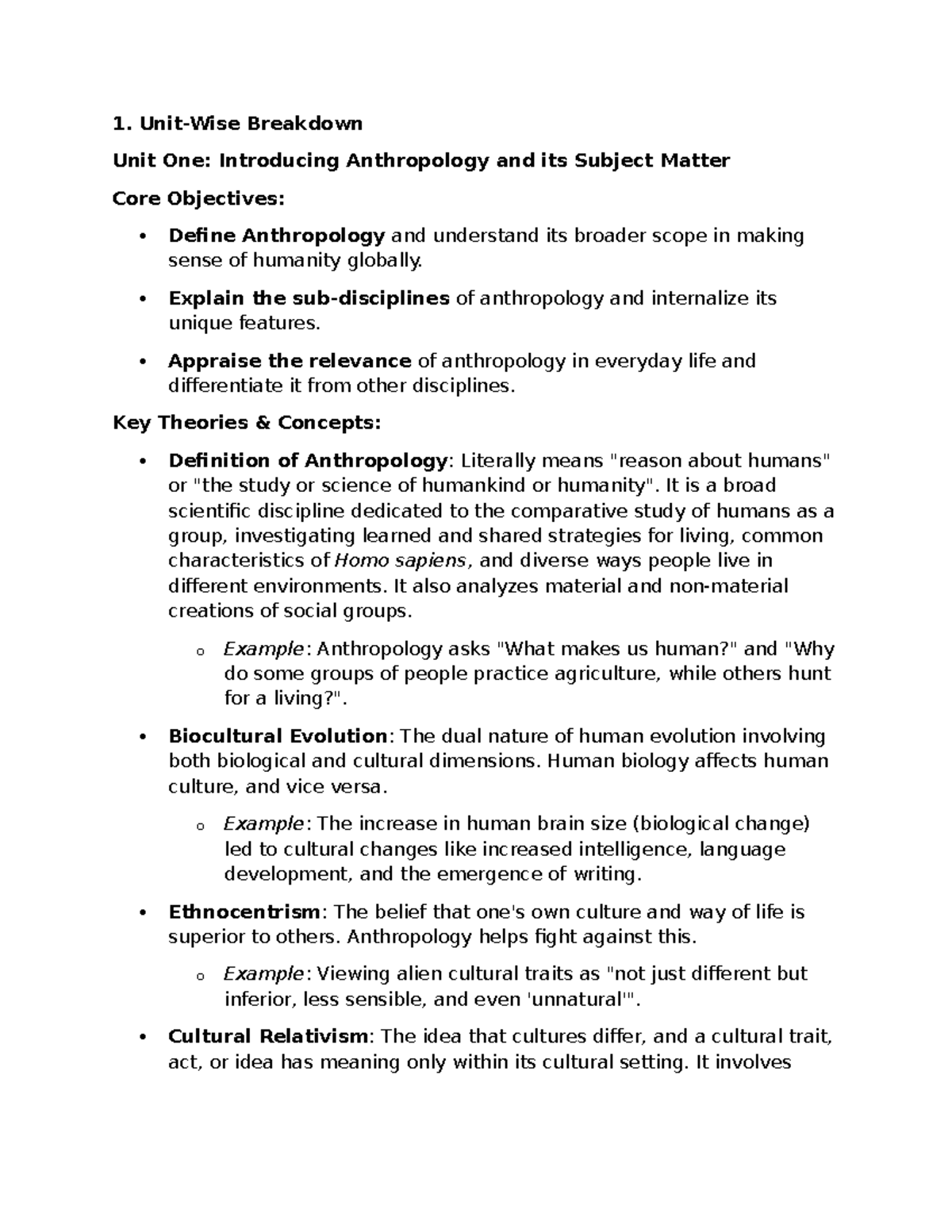 Unit One: Introduction to Anthropology - Key Concepts and Theories ...