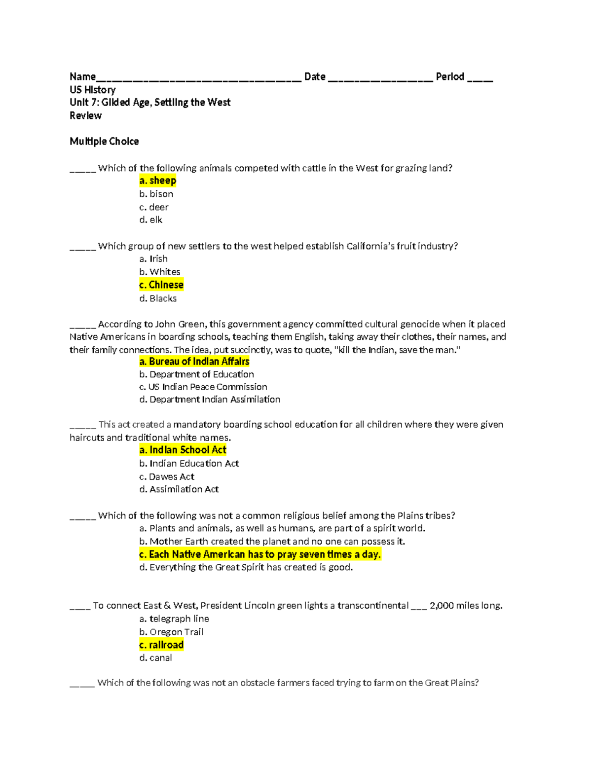 US History Unit 7: Settling the West review notes and questions - Studocu