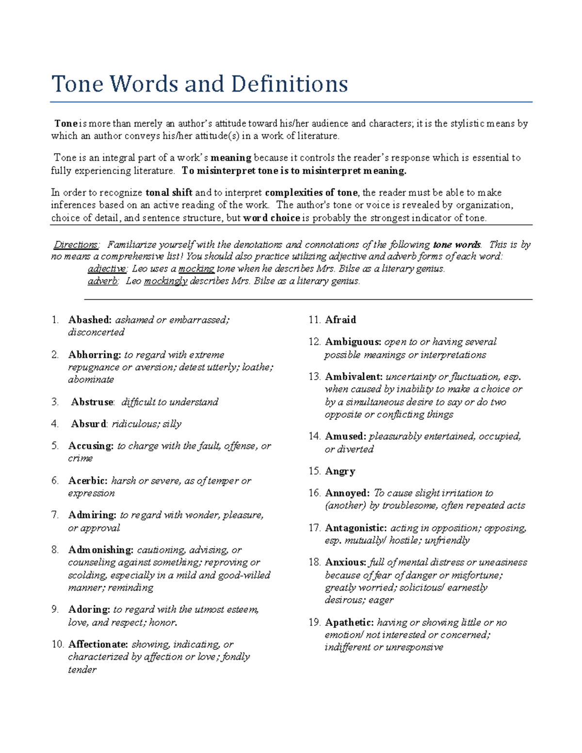 Tone Words: Comprehensive List with Definitions for Literature ...