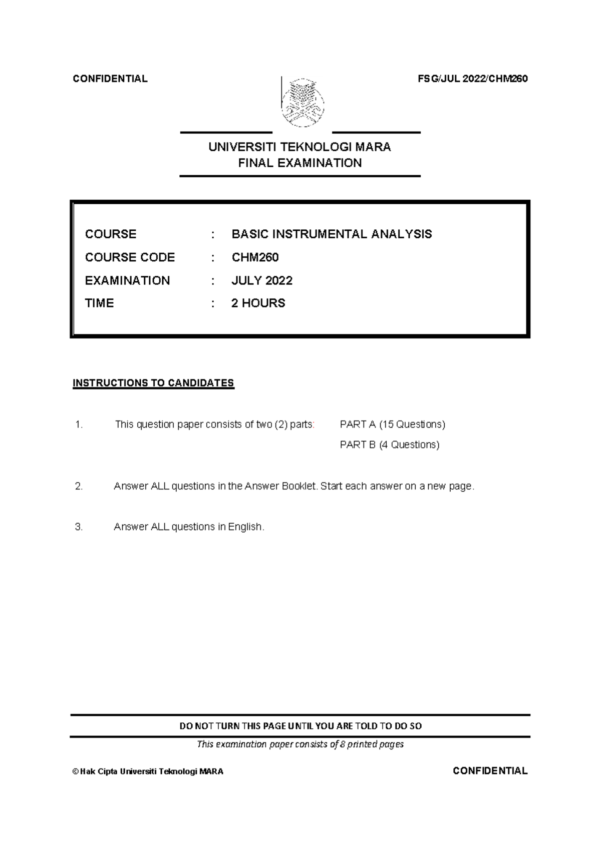 CHM260 Final Exam: Basic Instrumental Analysis - July 2022 - Studocu