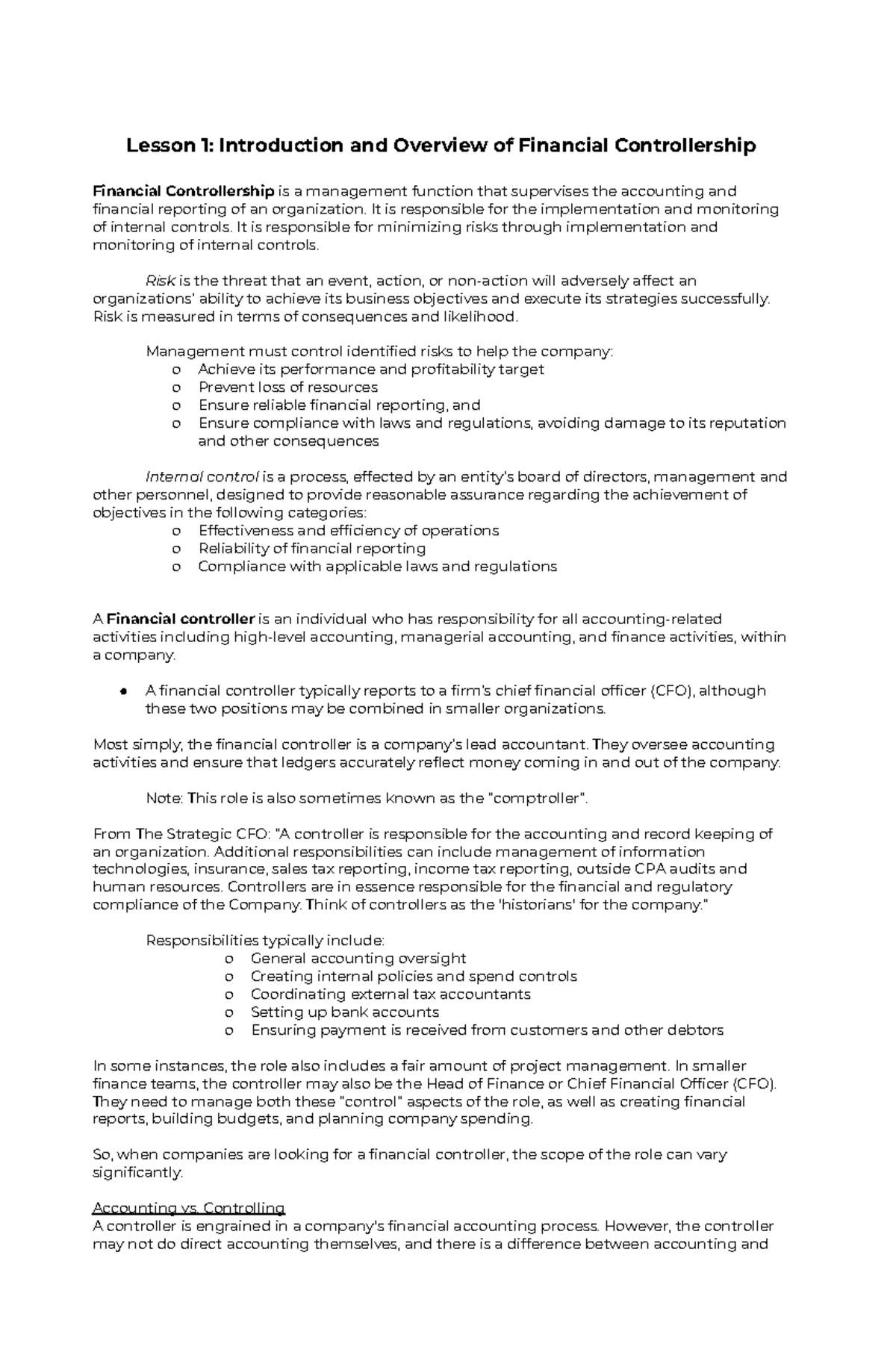 Intro to Financial Controllership (FIN 202) - Lesson 1 Overview - Studocu