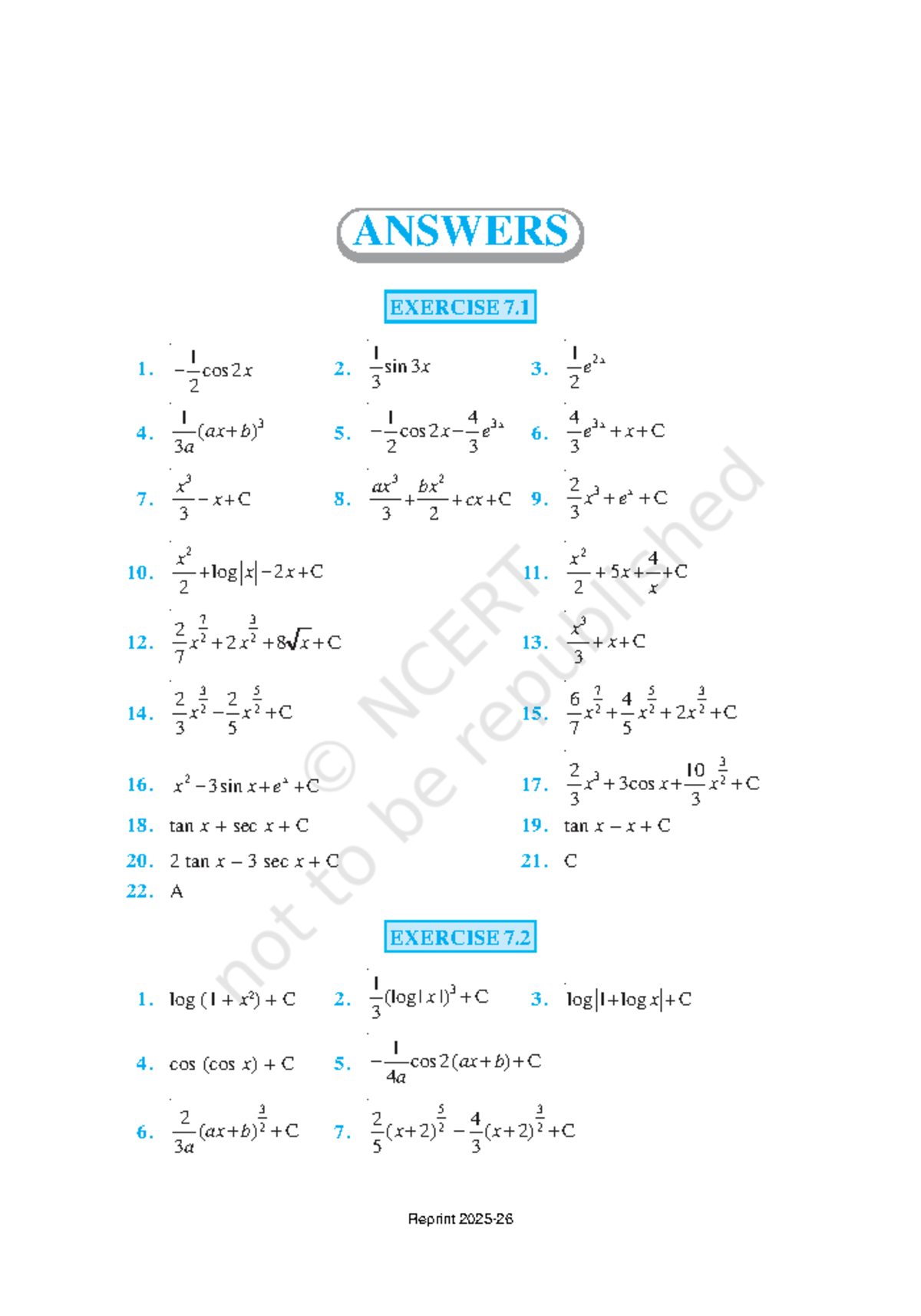Mathematics Answers for Exercises 7.1 to 13.1 (Reprint 2025-26) - Studocu