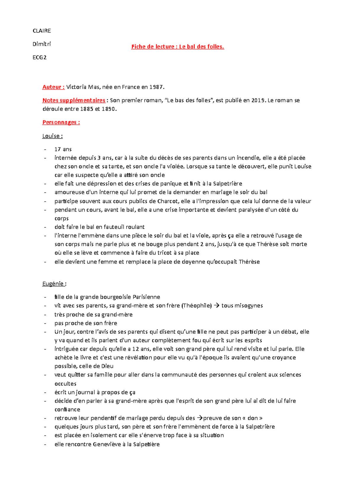 Fiche de lecture Le bal des folles - Fiche de lecture : Le bal des ...