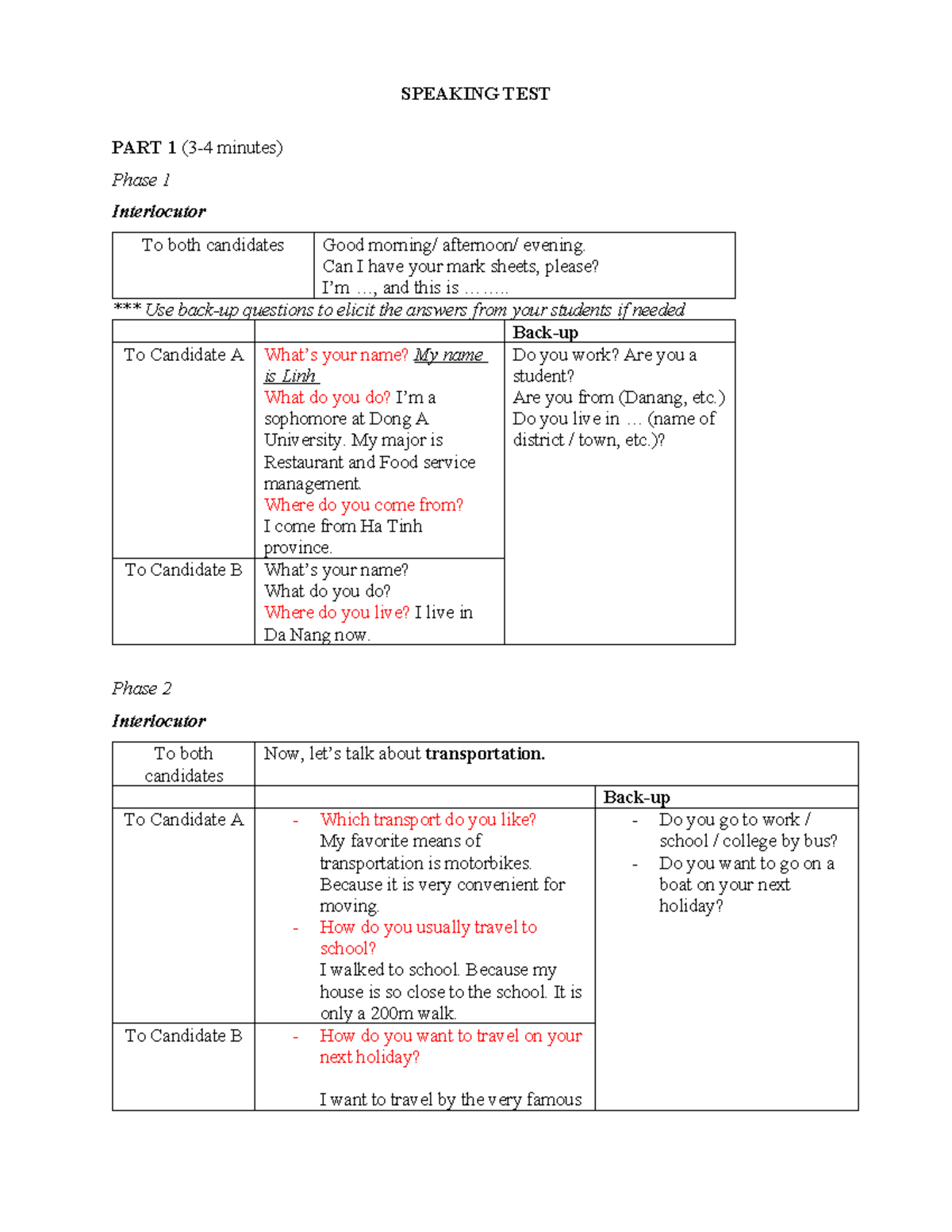 FE4 Speaking ( UNIT 7 - 8) - SPEAKING TEST PART 1 (3-4 minutes) Phase 1 ...
