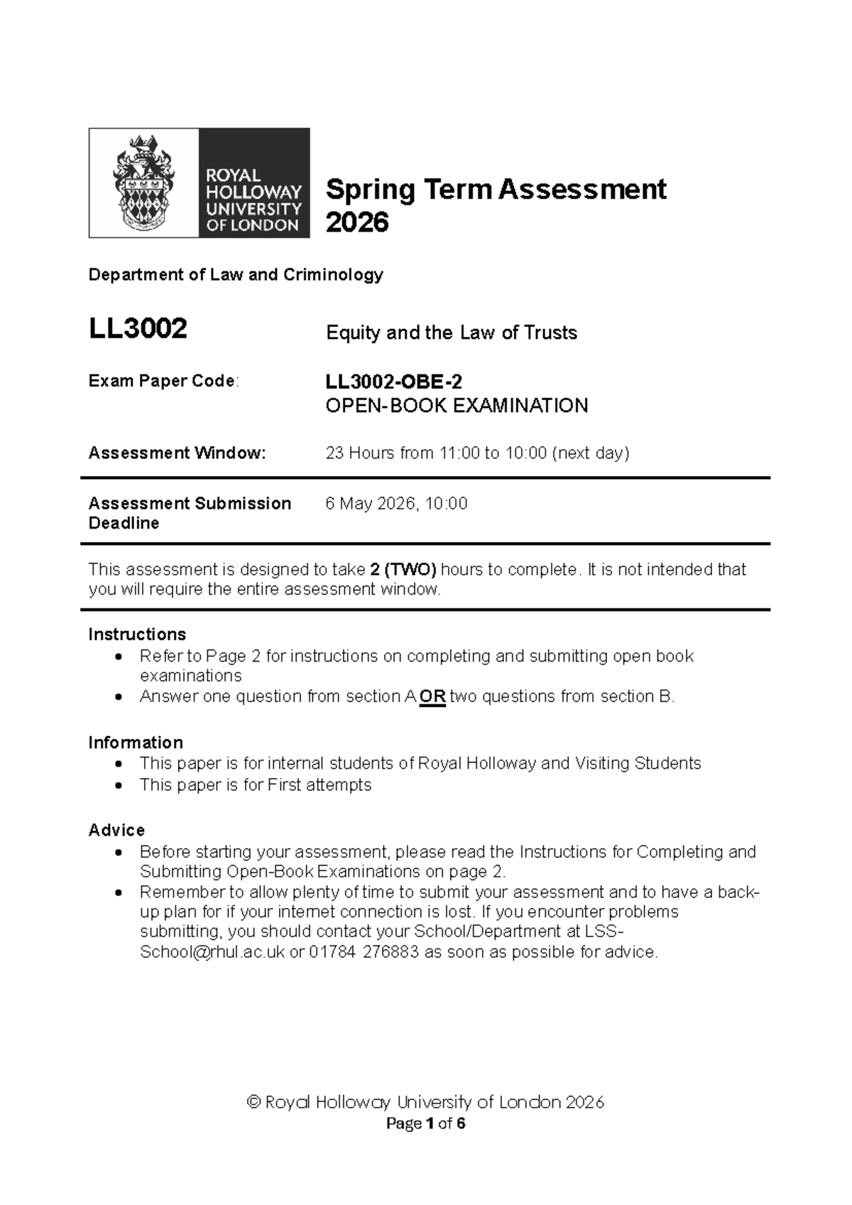 LL3002 Final Exam Paper 2026: Equity and the Law of Trusts - Studocu