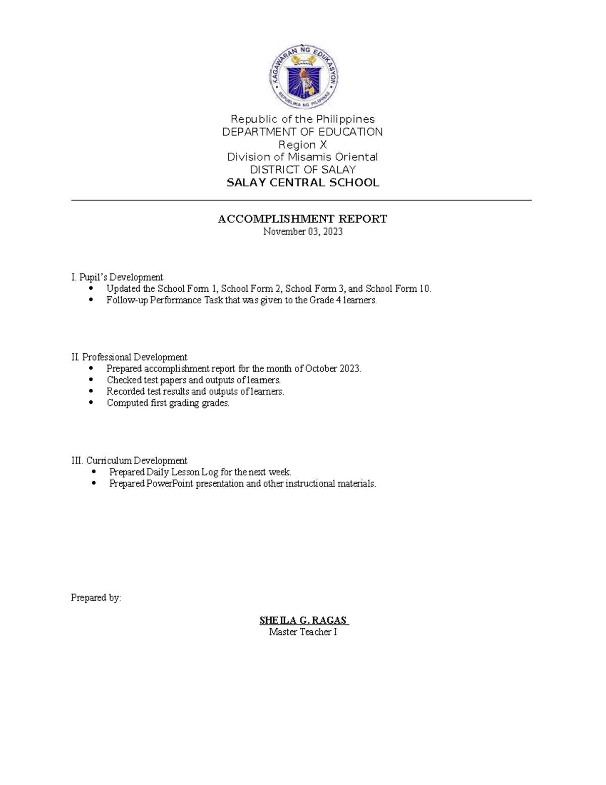 Accomplishment Report for November 2023 - Salay Central School - Studocu