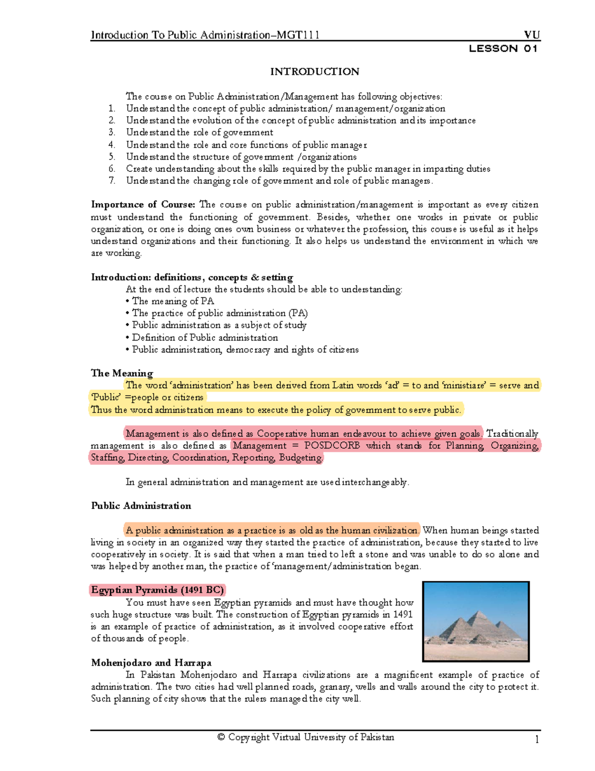 MGT 111 handouts - LESSON 01 INTRODUCTION The course on Public Administration/Management has ...