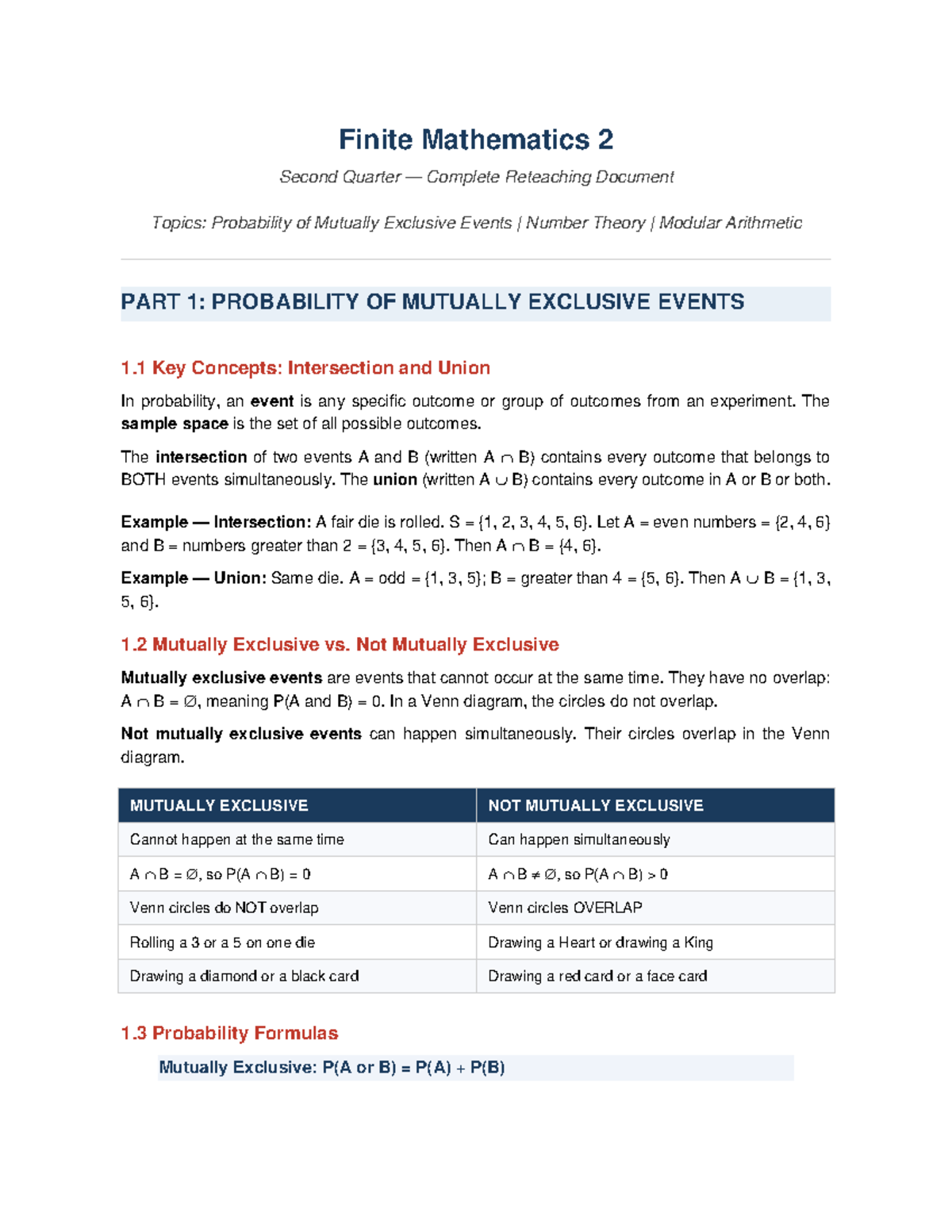 01 Finite Math Reteaching: Probability, Divisibility & GCD Concepts ...