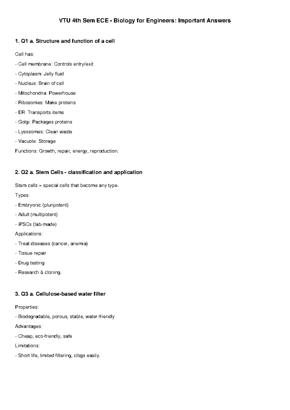 VTU 4th Sem ECE Biology for Engineers: Key Answers & Concepts - Studocu