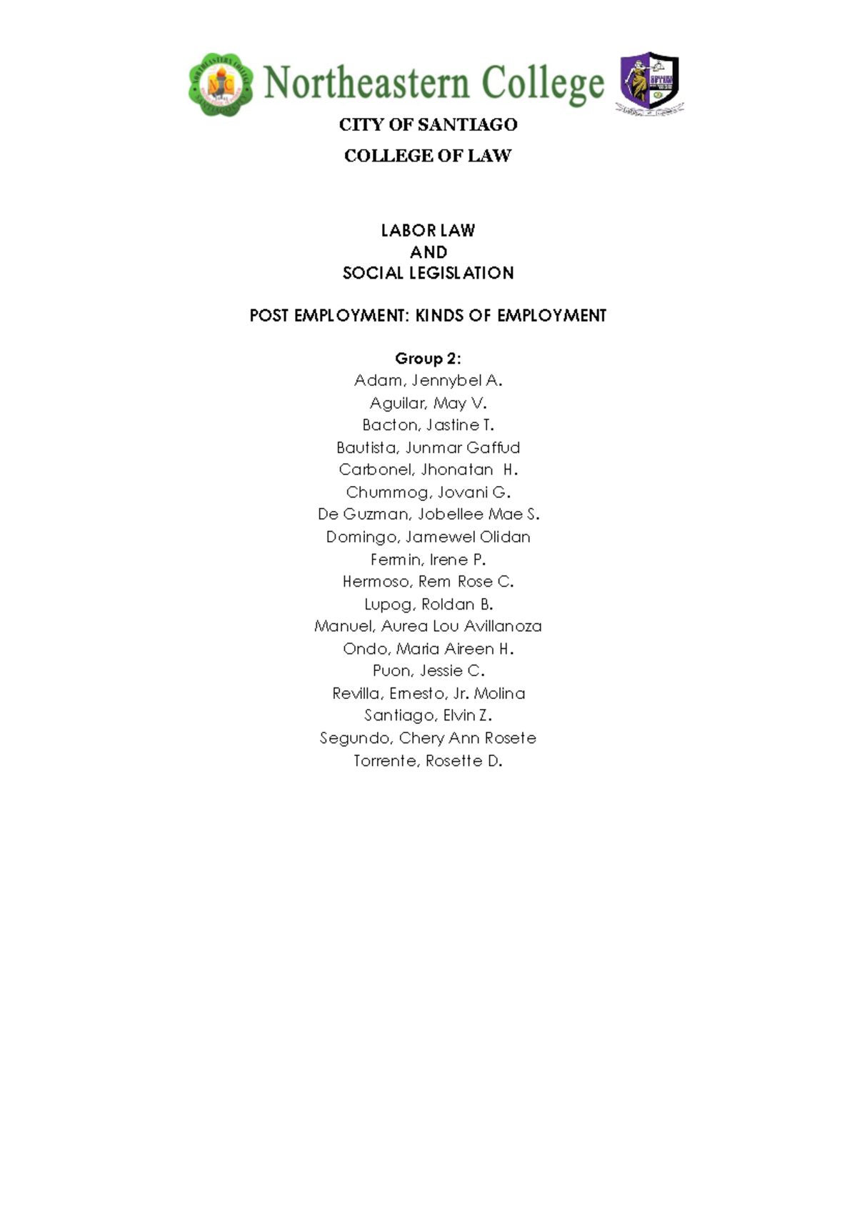 Labor Law and Social Legislation (LLS 101): Post Employment Types and ...