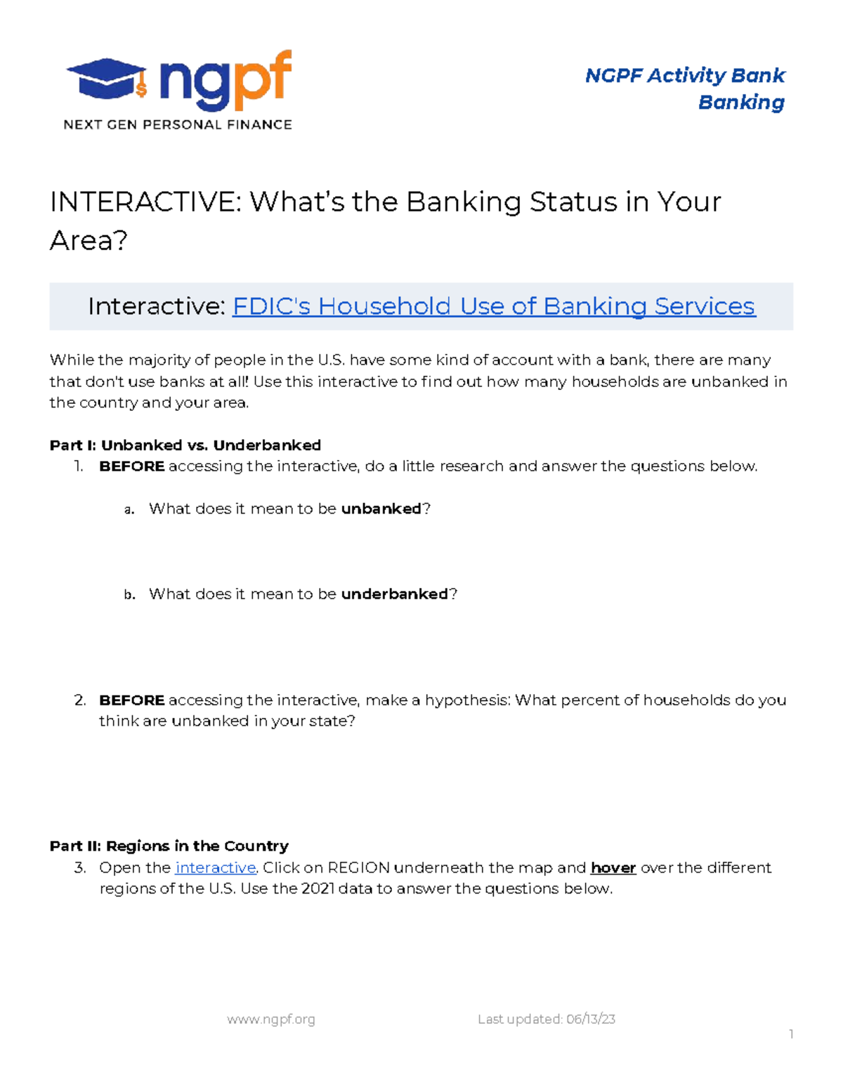 NGPF Activity Bank: Interactive Banking Status in Your Area - Studocu