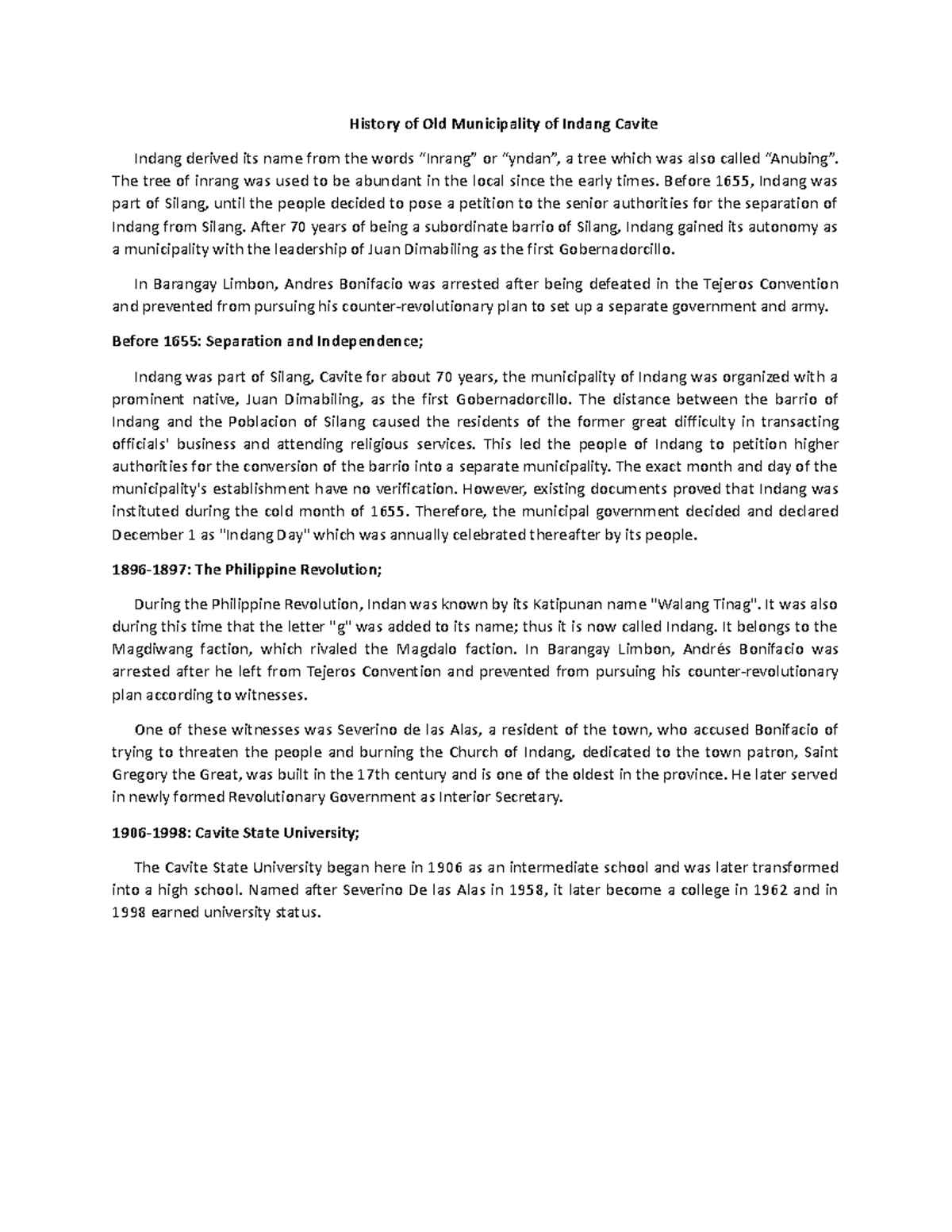 History of Indang: From Municipality Formation to Revolution - Studocu