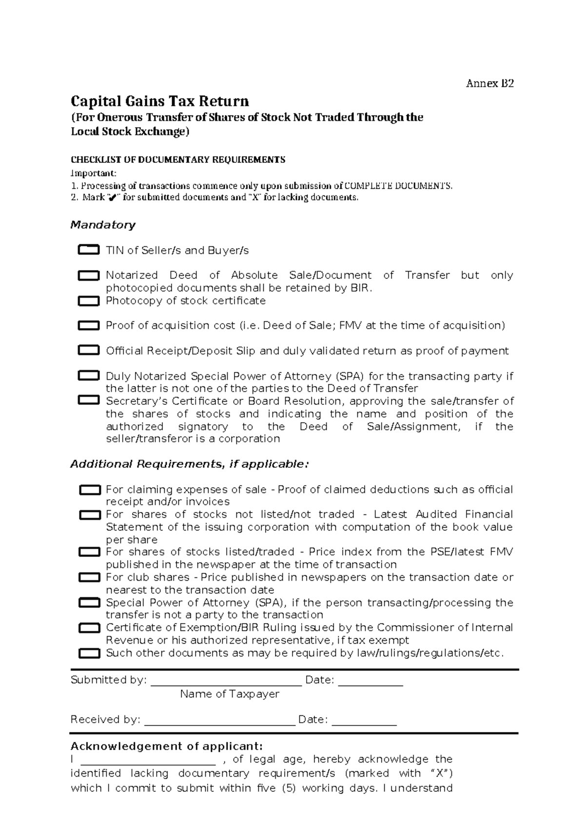 Annex B2 - Capital Gains Tax Return Checklist for Share Transfers - Studocu