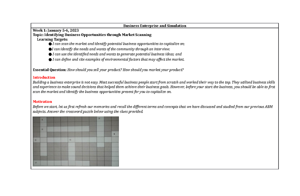 BES1 - lesson plan - Business Enterprise and Simulation Week 1: January ...