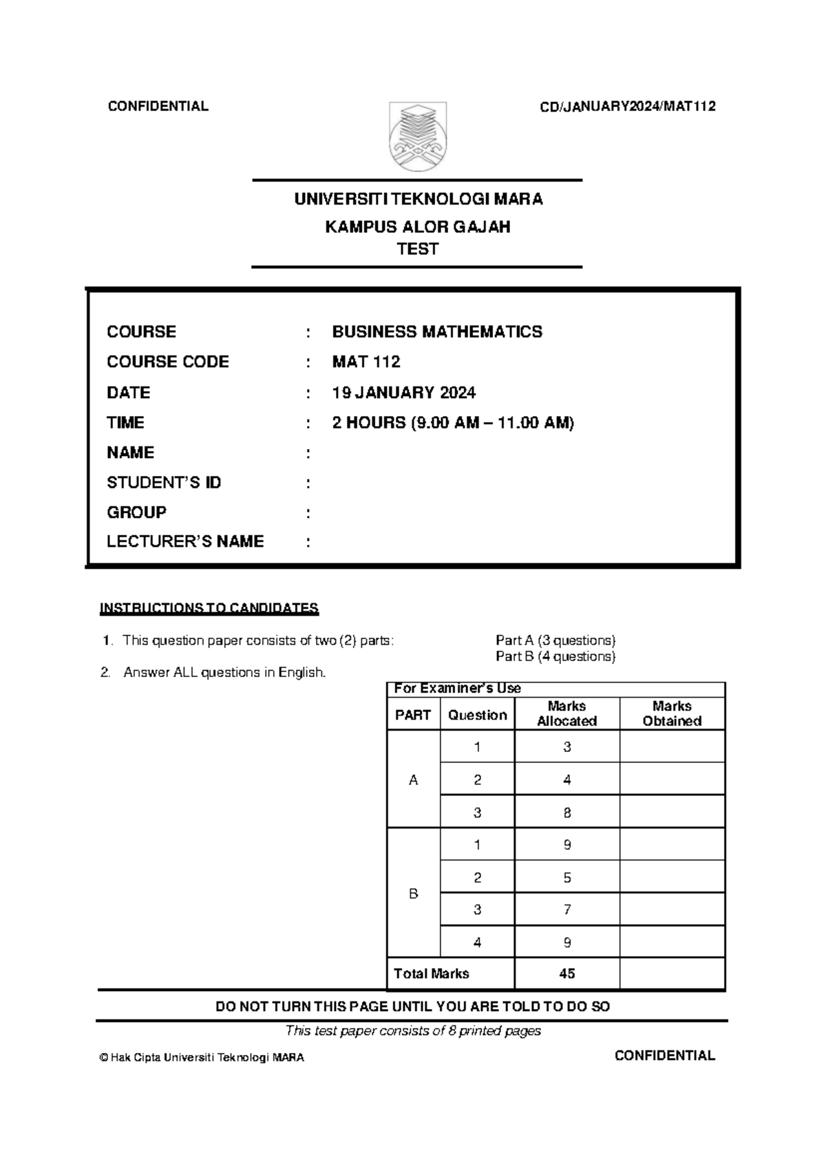 Test MAT 112: Business Mathematics - Alor Gajah 19 Jan 2024 - Studocu