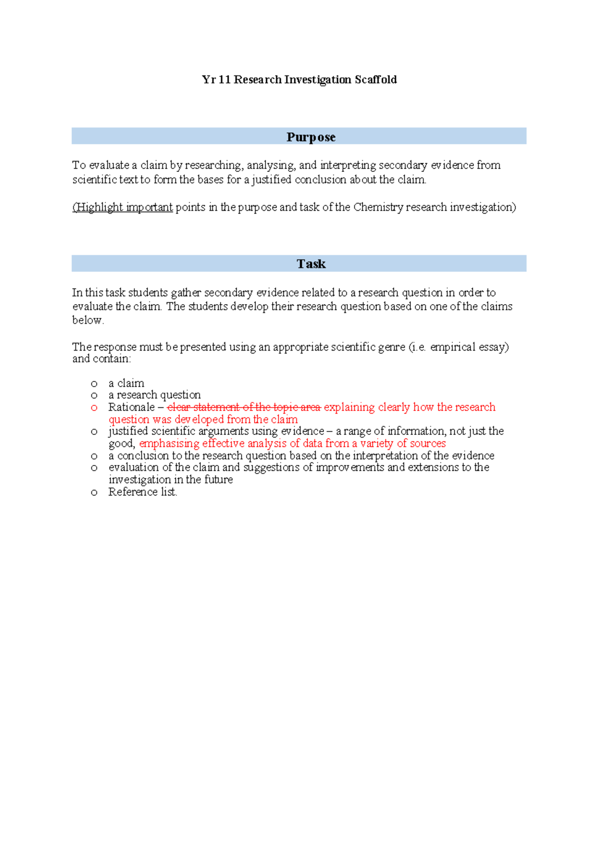 Yr 11 Chemistry Research Investigation Scaffold Guide - Studocu