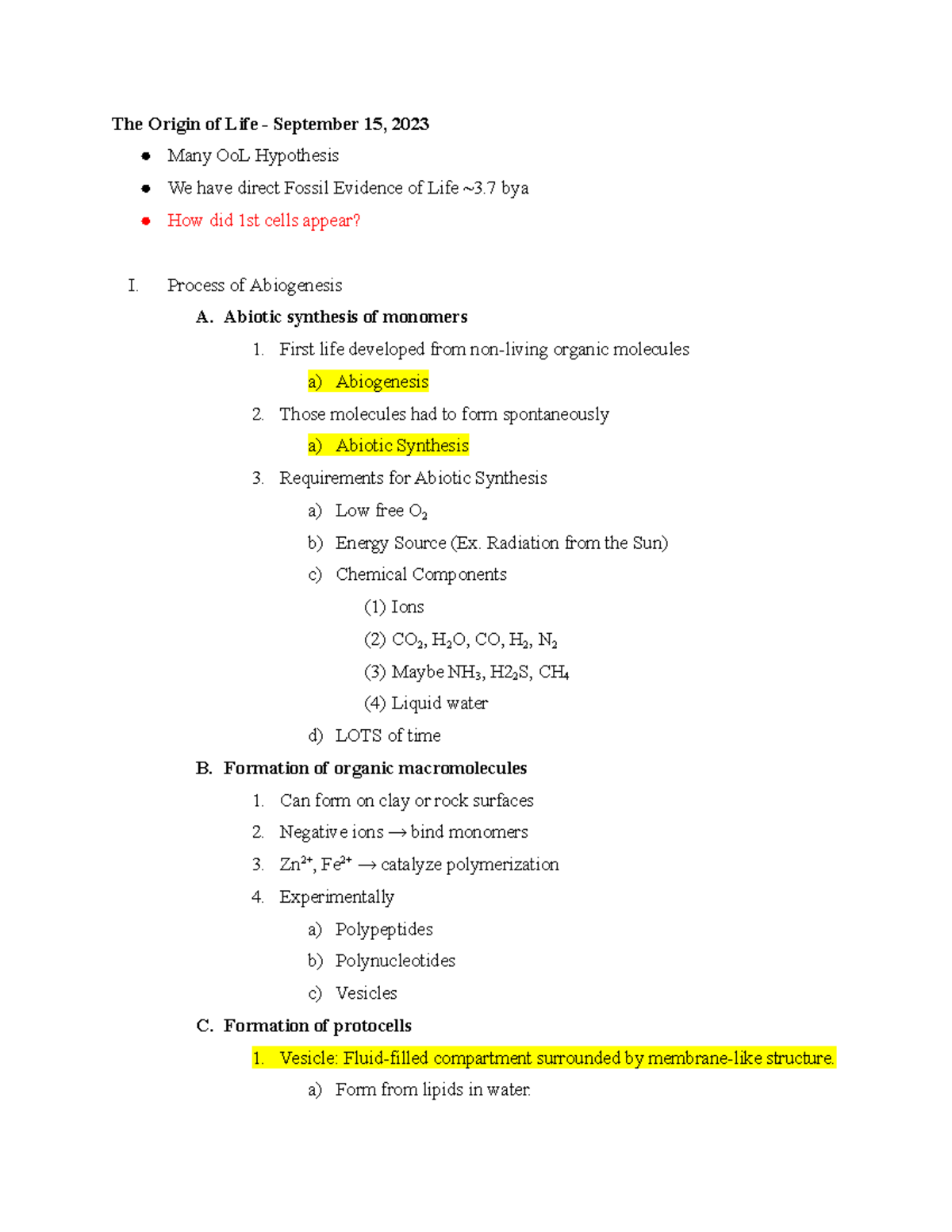 General Biology 115 Notes - The Origin of Life - September 15, 2023 ...