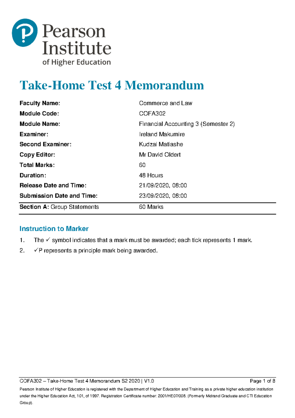 COFA302 - Take-Home Test 4 Memorandum S2 2020 Analysis and Solutions ...