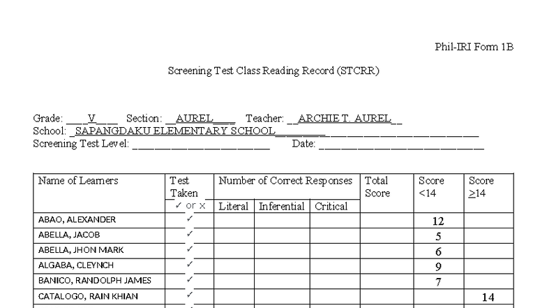 PHIL-IRI-GST Form 1B Screening Test Class Reading Record - Studocu
