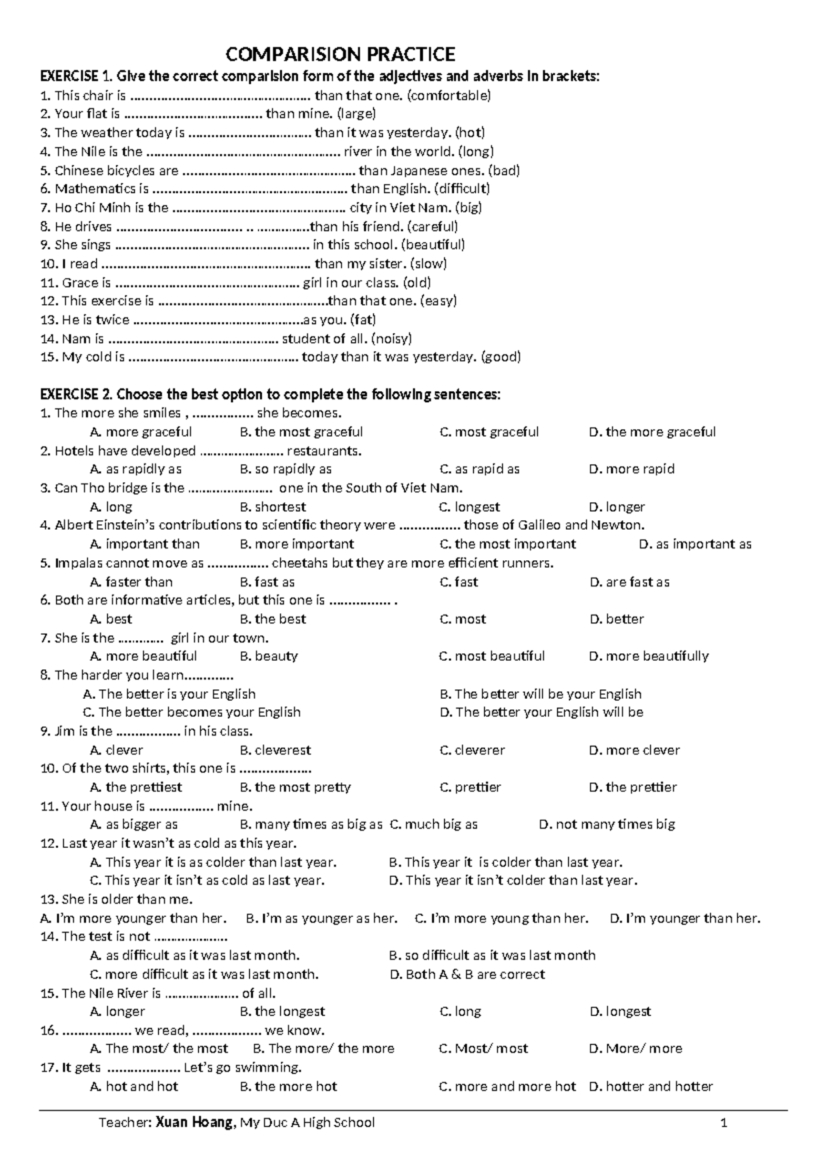 Comparison Practice Exercise 1: Adjectives & Adverbs - Studocu