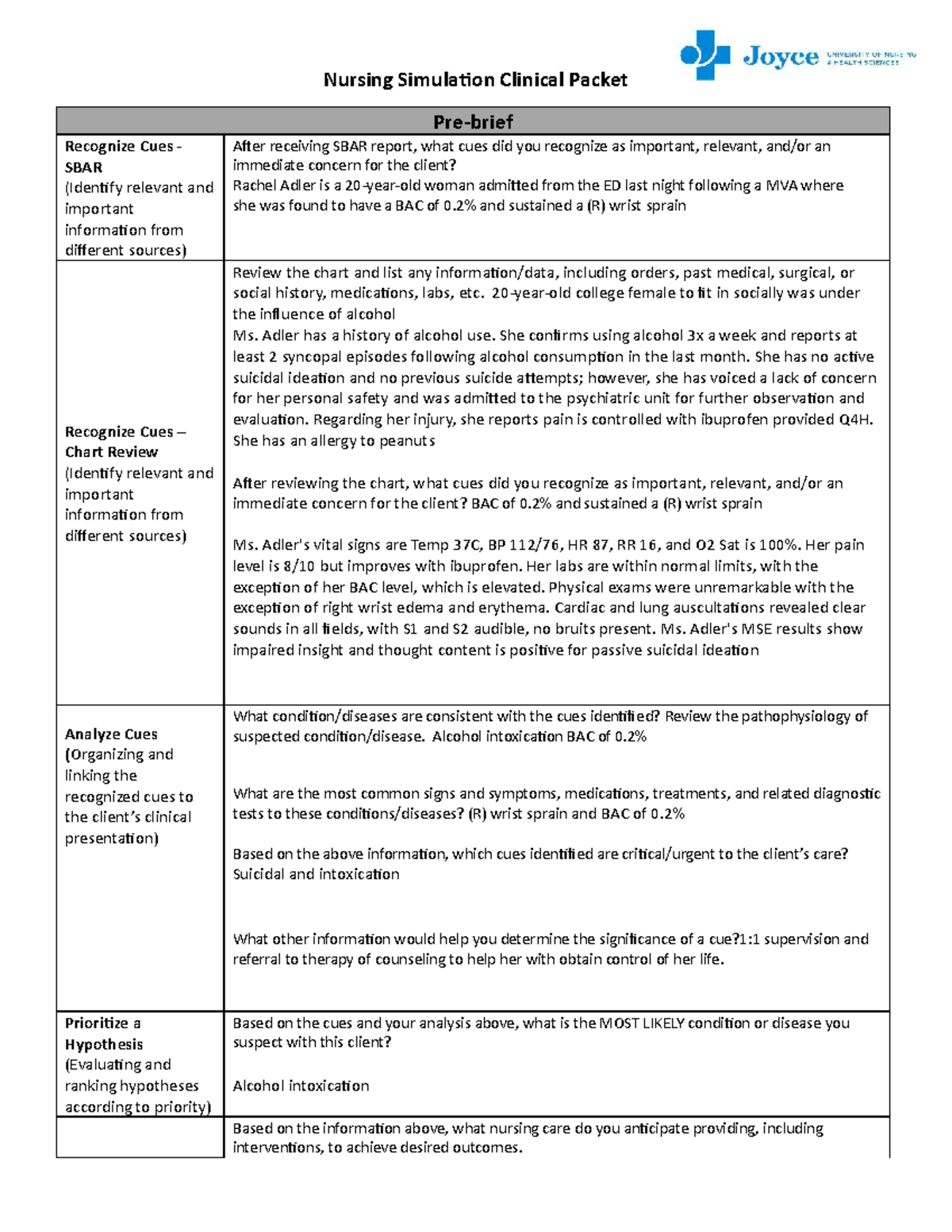 Nursing Simulation Clinical Packet: Recognizing Cues in Alcohol Use ...