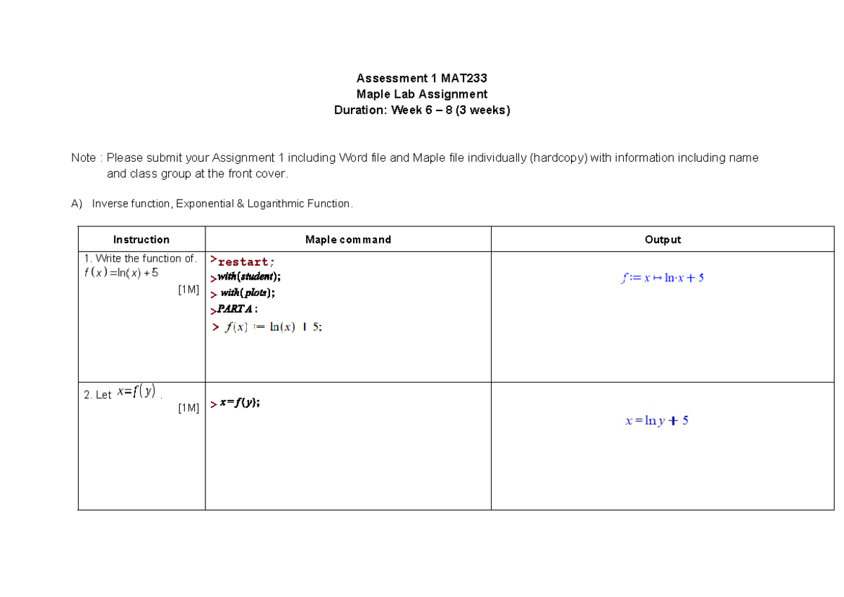 Asseesment 1 LAB ASG Calculus - Assessment 1 MAT Maple Lab Assignment Duration: Week 6 – 8 (3 ...