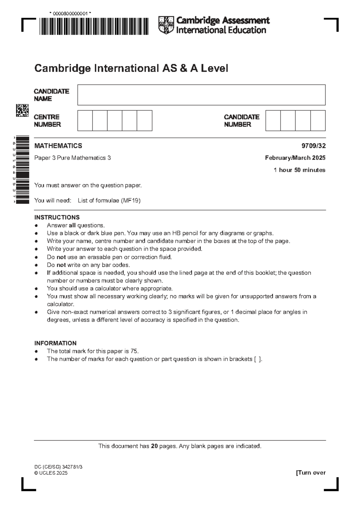 Cambridge International AS A Level 9709 Mathematics Paper 3 Pure Math ...