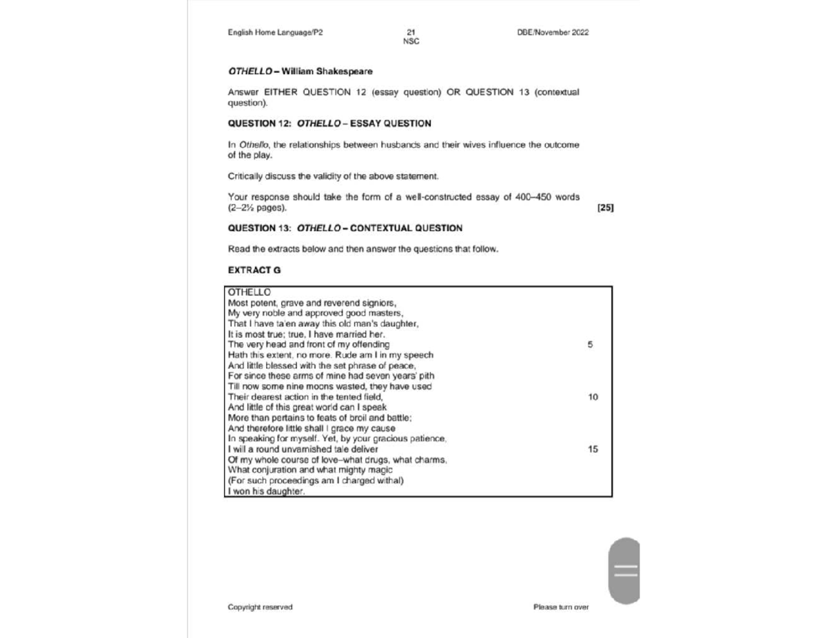 Othello Contextual Questions & Essay Prompts - English Home 21 2022 NSC ...