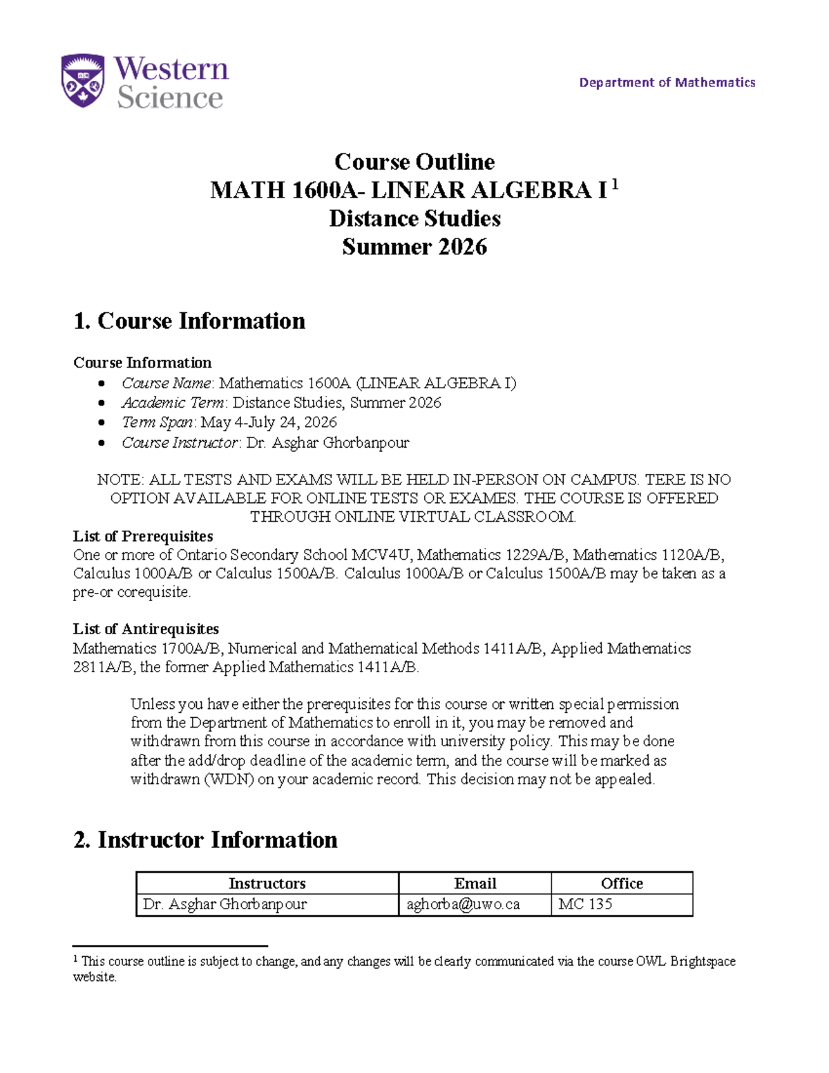 Math 1600A - Linear Algebra I Course Outline for Summer 2026 - Studocu