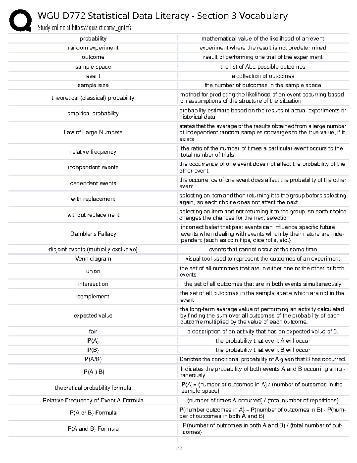 WGU D772 Statistical Data Literacy - Key Vocabulary Definitions - Studocu