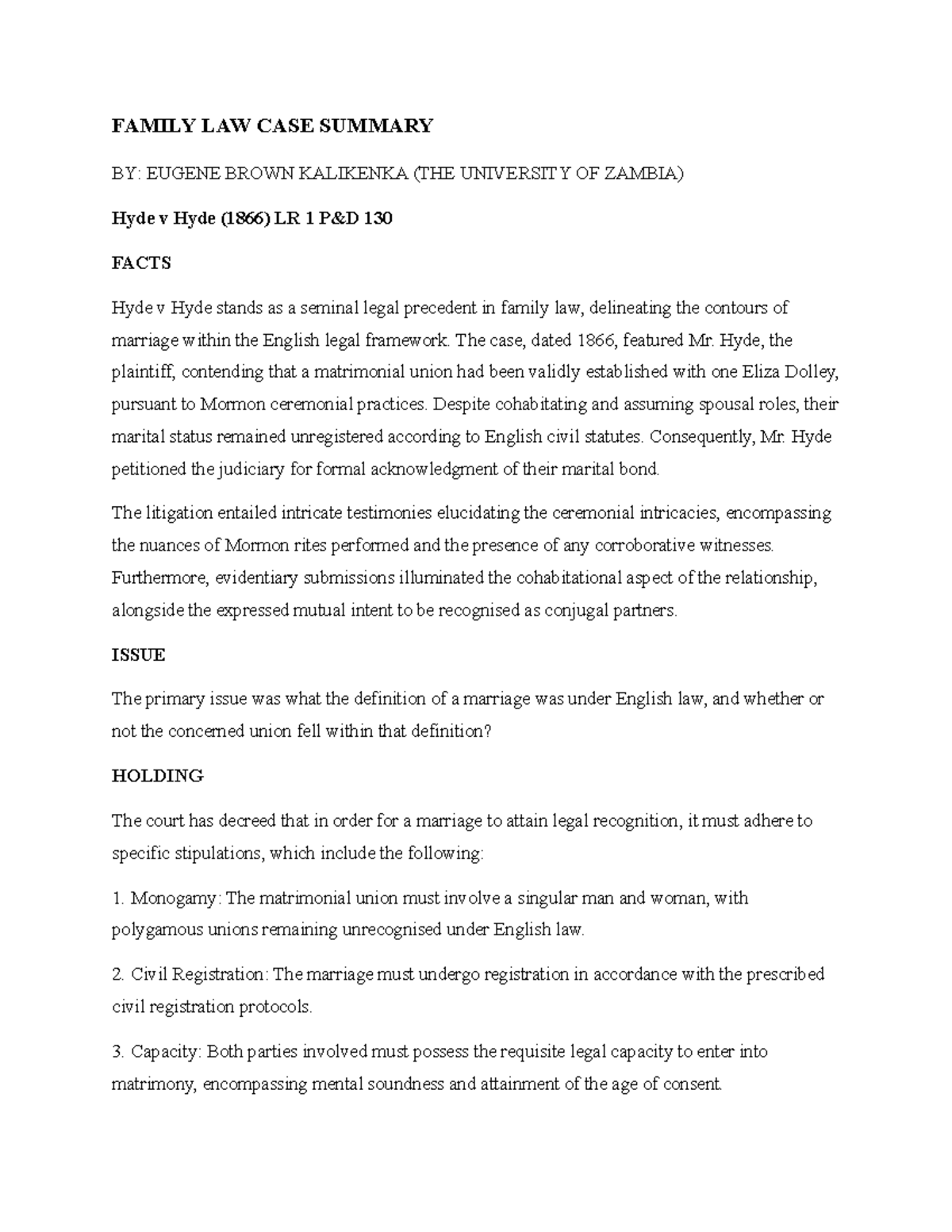 Family Law Case Summary: Hyde v. Hyde (1866) Explanation - Studocu