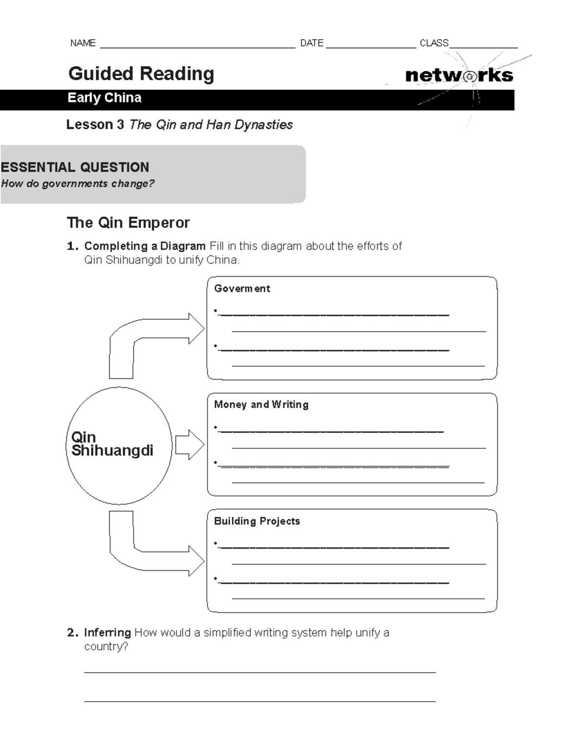 Guided Reading Activity Lesson 3 The Qin and Han Dynasties Editable ...