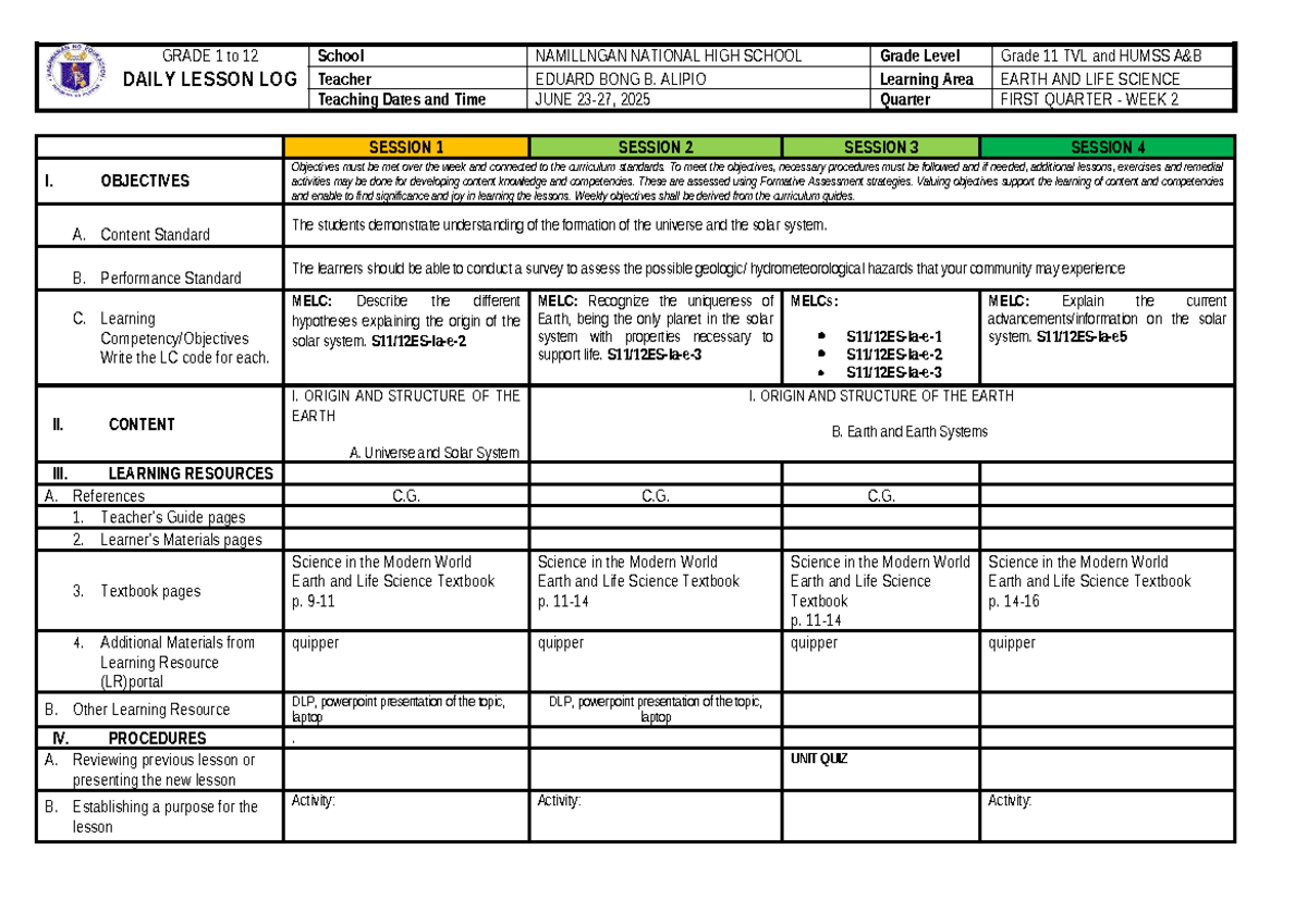 GRADE 11 EARTH AND LIFE SCIENCE DETAILED LESSON PLAN WEEK 2 - Studocu