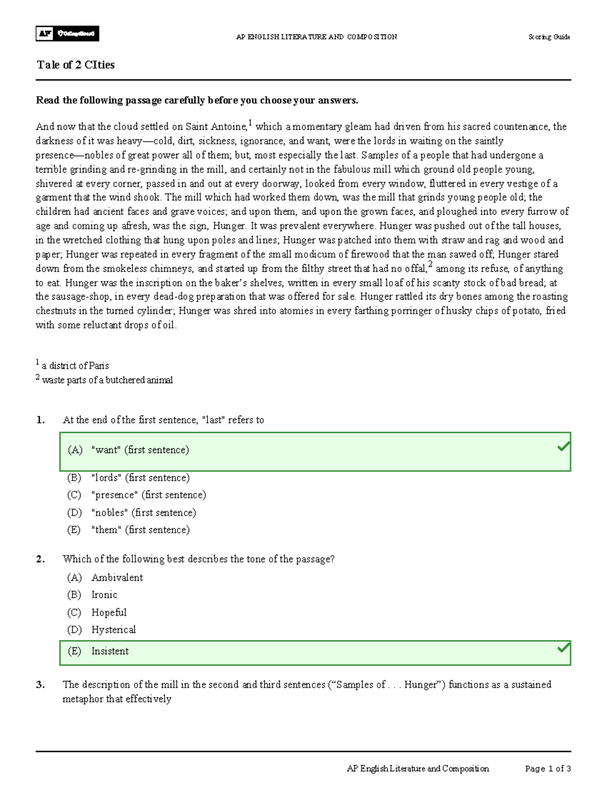 AP ENGLISH LITERATURE AND COMPOSITION: Tale of 2 Cities Analysis - Studocu