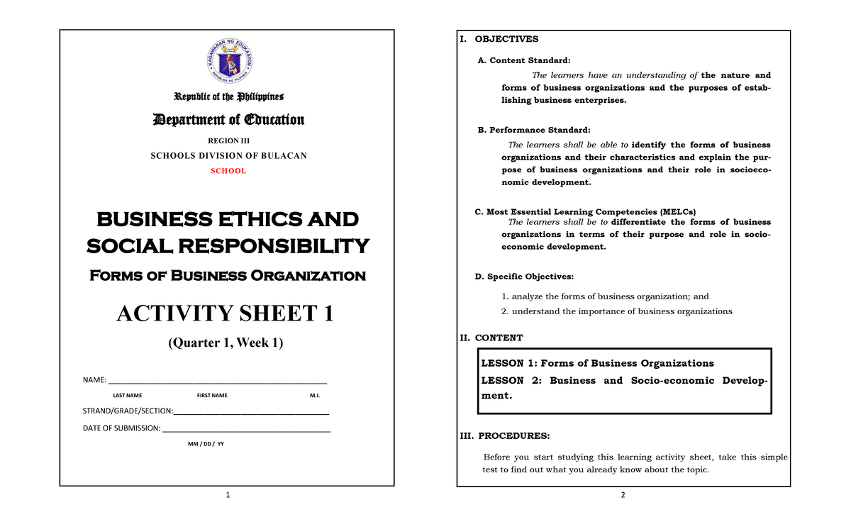 Q1-W1-LAS-Business-Ethics-Social-Responsibility-Forms of Org - Studocu