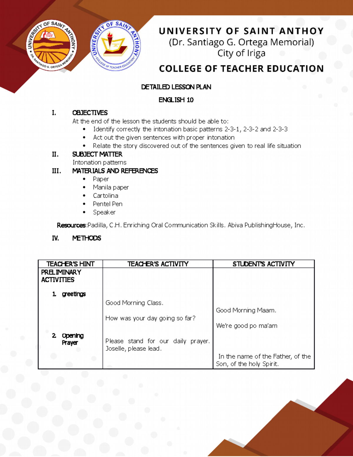 DLP Intonation - lesson plan - DETAILED LESSON PLAN ENGLISH 10 I ...