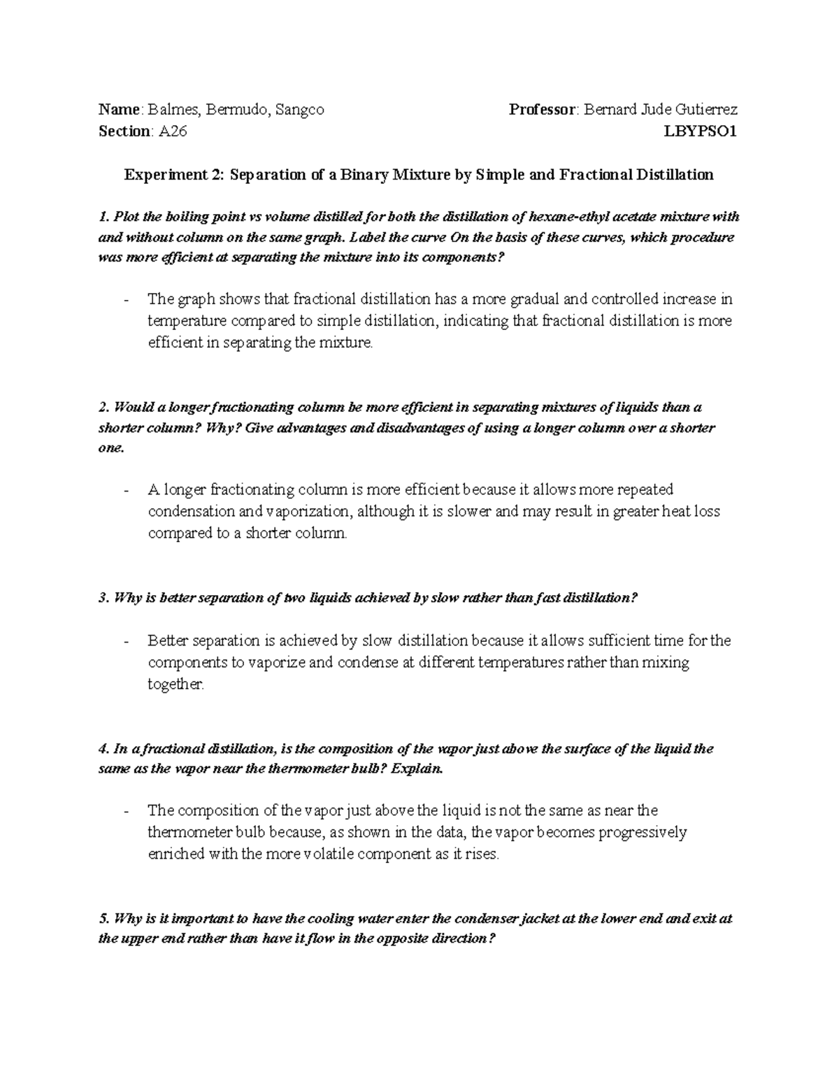 LPSO1 Experiment 2: Separation of Binary Mixture by Distillation - Studocu