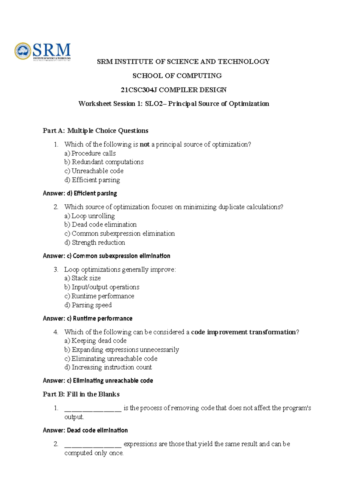 21CSC304J Compiler Design Worksheet: Optimization Sources & MCQs - Studocu