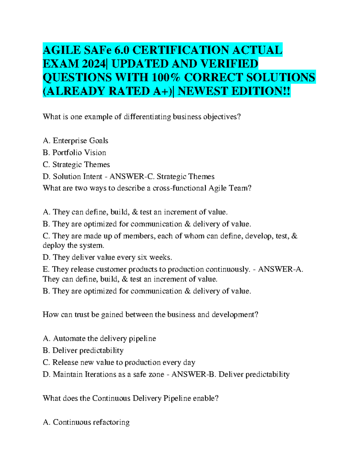 Agile SAFe 6.0 Certification Exam: Updated Questions & Solutions Guide ...