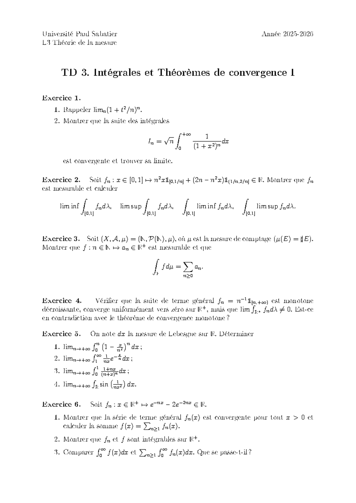 TD L3 Mesure 3: Intégrales et Théorèmes de Convergence I - Studocu