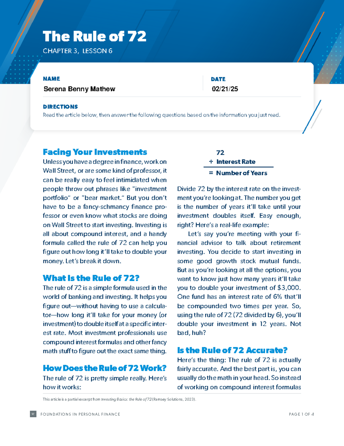 Chapter 3: Lesson 6 - Understanding the Rule of 72 for Investments ...