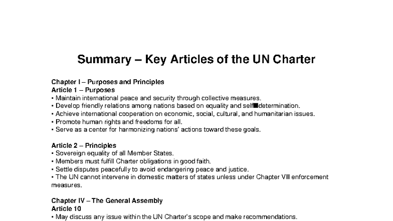 UN Charter Summary: Chapter I Purposes & Principles - 2023/24 - Studocu
