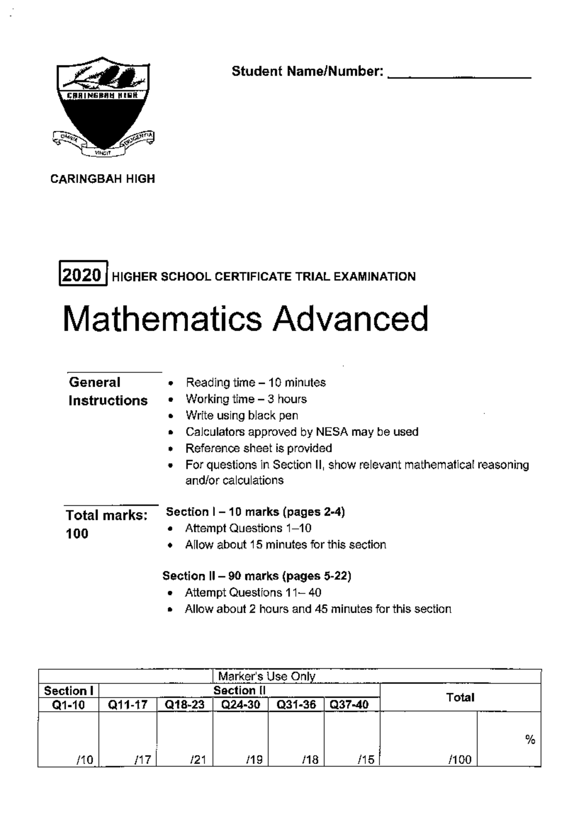 2020 Caringbah High HSC Trial Exam - Advanced Mathematics - Studocu