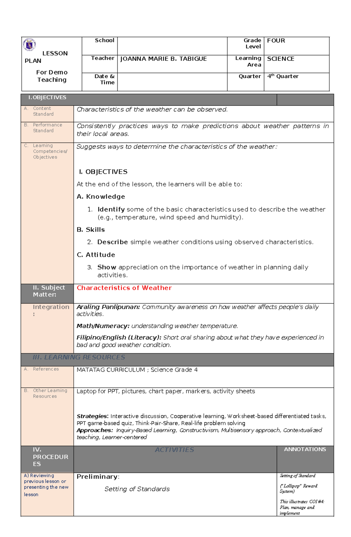 Science 4 demo LP2 - Handouts - LESSON PLAN For Demo Teaching School ...