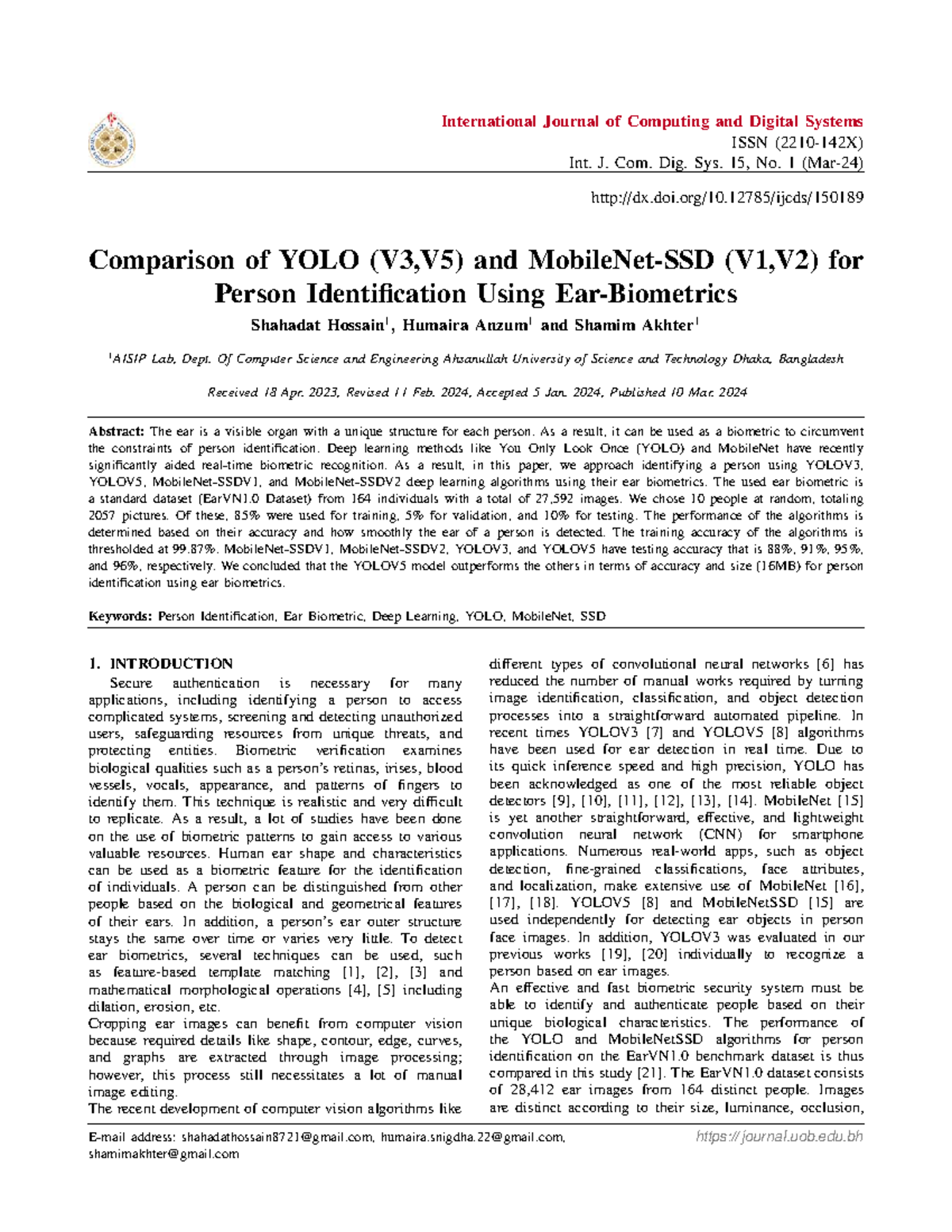 Comparison of YOLO (V3, V5) and MobileNet-SSD (V1, V2) for Ear Biometrics - Studocu