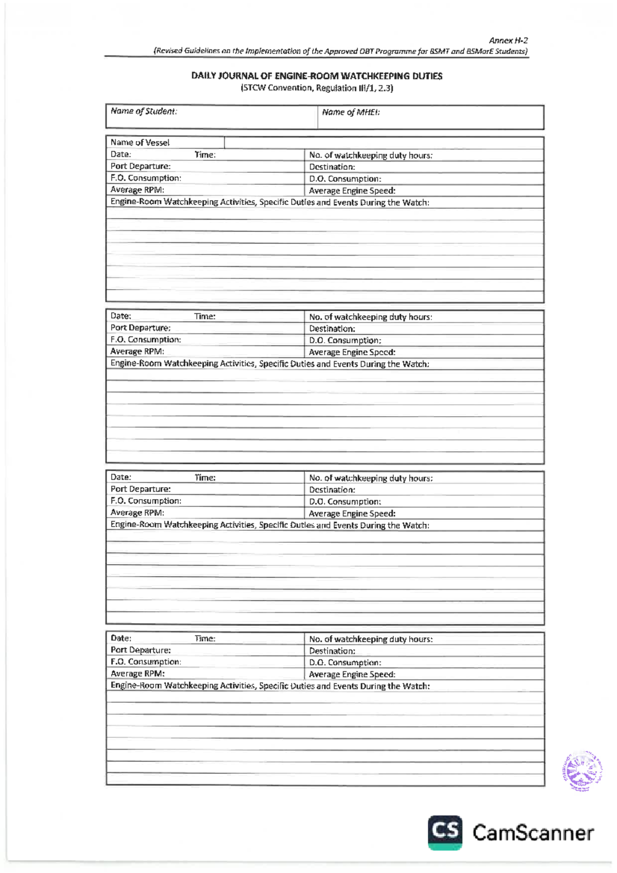 DAILY JOURNAL OF WATCHKEEPING DUTIES (STCW) for BSMT & BSMarE Students ...