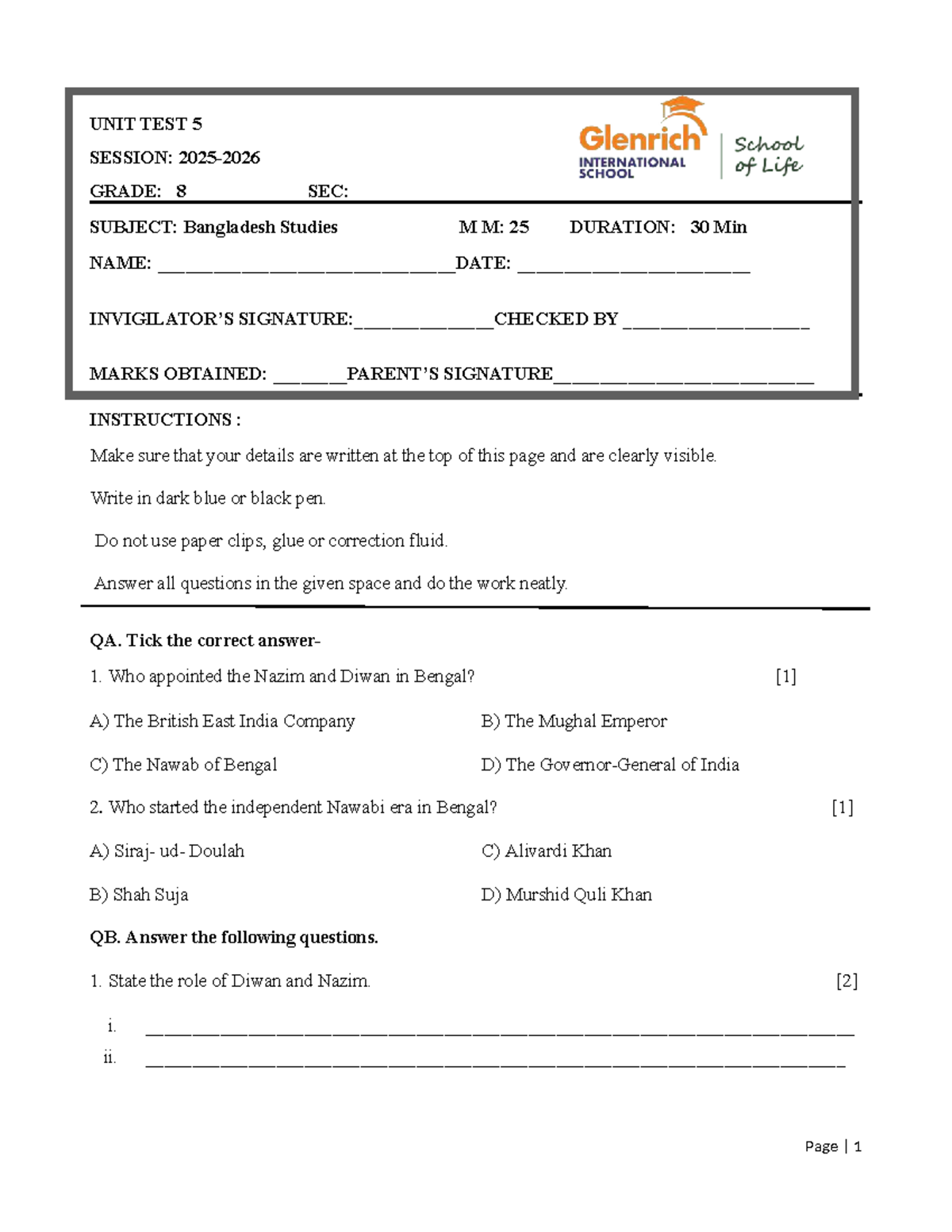 UT 5 - Final Term Grade 8 Bangladesh Studies Exam - Studocu
